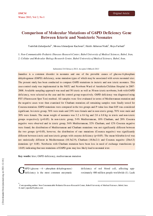 (PDF) Comparison of molecular mutations of G6PD deficiency gene between ...