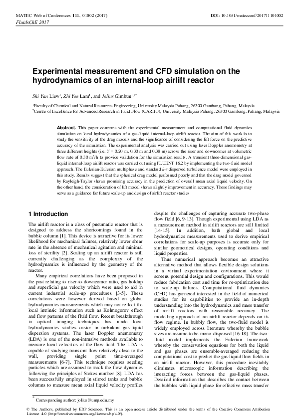 Pdf Experimental Measurement And Cfd Simulation On The Hydrodynamics Of An Internal Loop