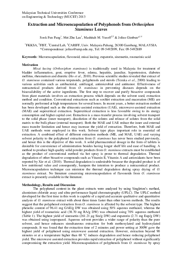 (PDF) Extraction and Microencapsulation of Polyphenols from Orthosiphon Stamineus Leaves ...