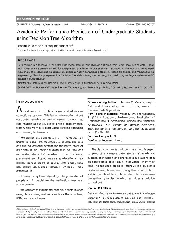 (PDF) Academic Performance Prediction of Undergraduate Students using Decision Tree Algorithm