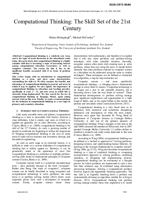 Pdf Computational Thinking The Skill Set Of The 21st Century