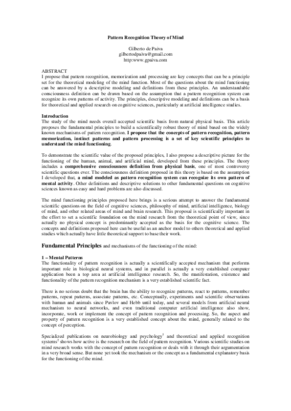 Pdf Pattern Recognition Theory Of Mind