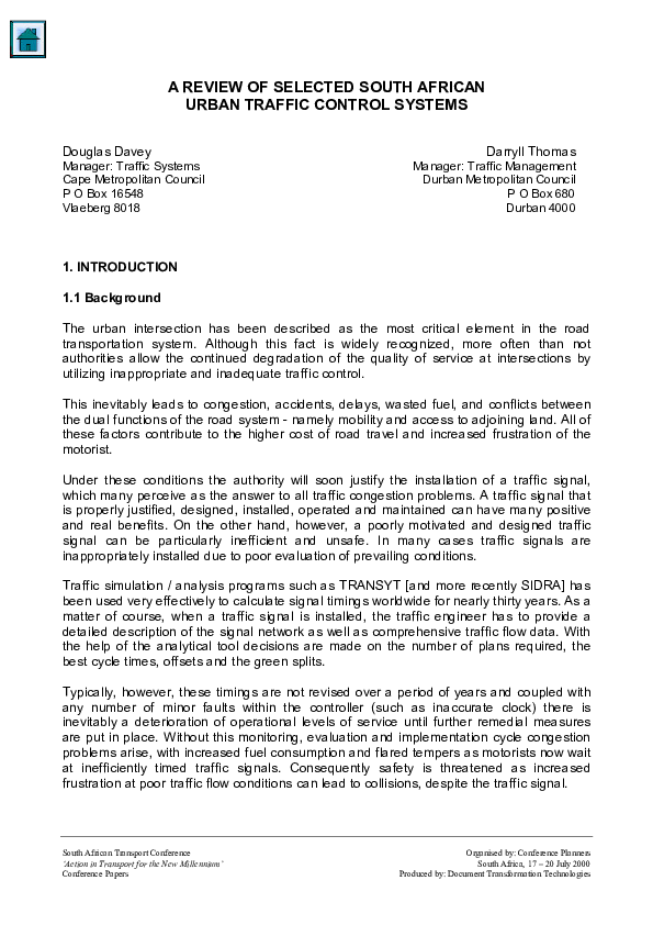 (PDF) Of Selected South African Urban Traffic Control Systems