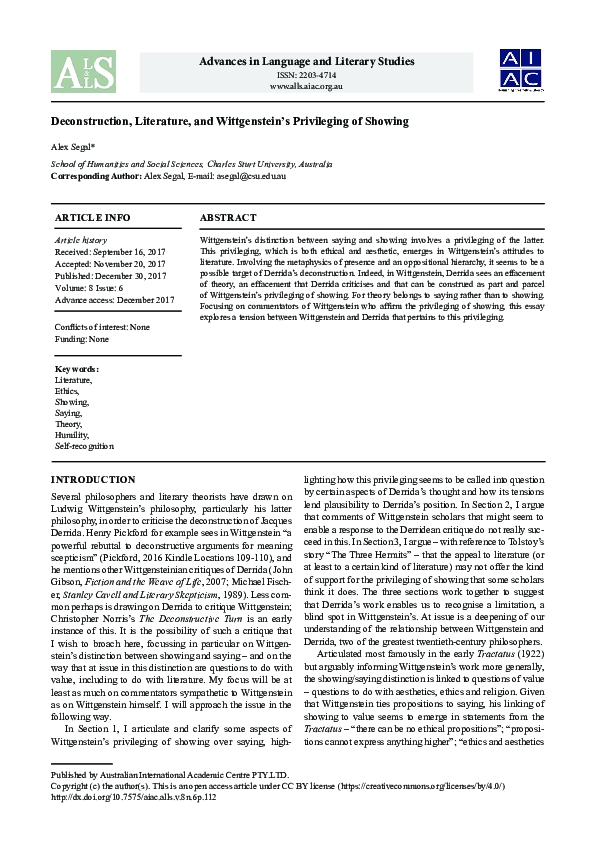 (PDF) Deconstruction, Literature, and Wittgenstein’s Privileging of Showing