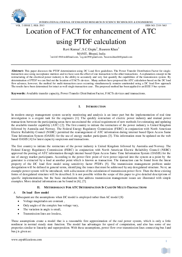 (PDF) Location of FACT for enhancement of ATC using PTDF calculation