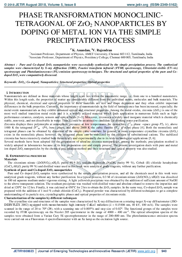 (PDF) PHASE TRANSFORMATION MONOCLINIC- TETRAGONAL OF ZrO2 NANOPARTICLES BY DOPING OF METAL ION ...