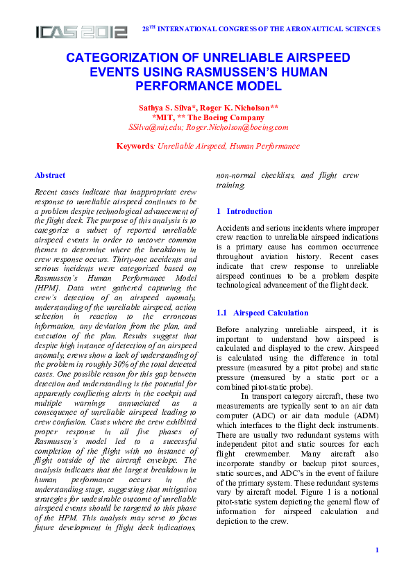 (PDF) Categorization of Unreliable Airspeed Events Using Rasmussen’s ...