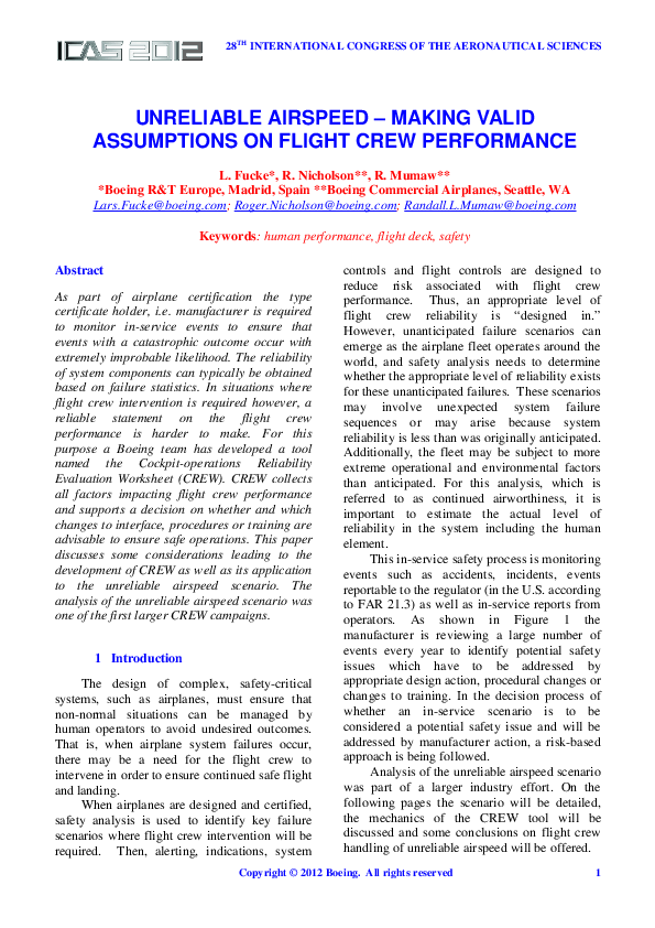 (PDF) Unreliable Airspeed - Making Valid Assumptions on Flight Crew ...