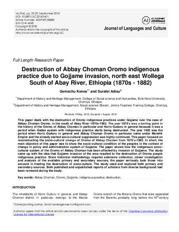 (PDF) Destruction of Abbay Choman Oromo indigenous practice due to ...