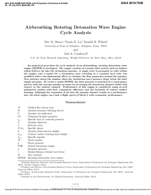 (PDF) Airbreathing rotating detonation wave engine cycle analysis