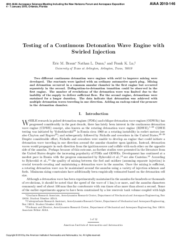 (PDF) Testing of a Continuous Detonation Wave Engine with Swirled Injection