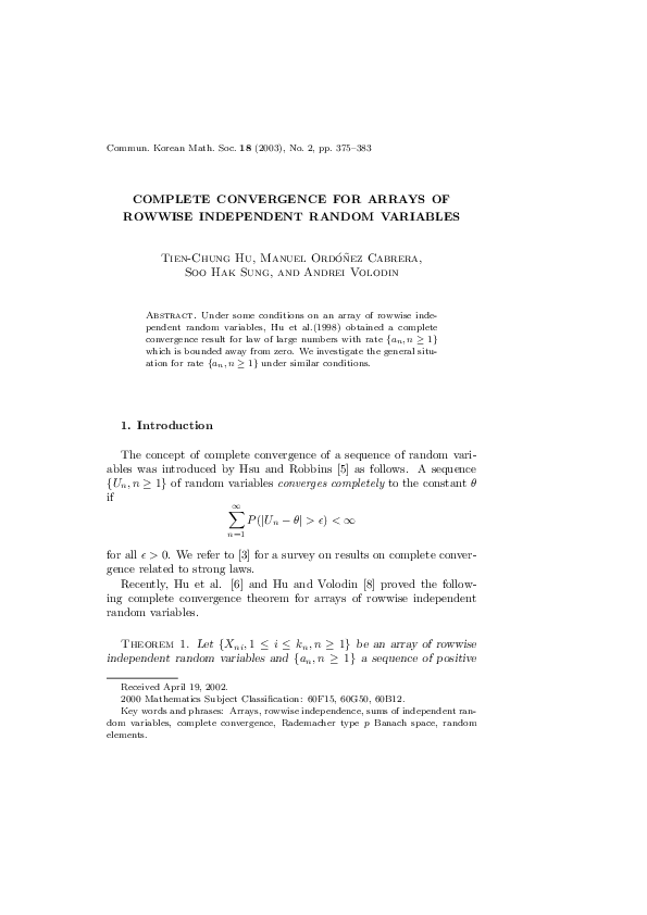 Pdf Complete Convergence For Arrays Of Rowwise Independent Random Variables 8483