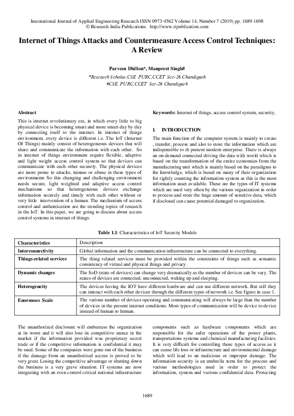 (PDF) Internet of Things Attacks and Countermeasure Access Control ...
