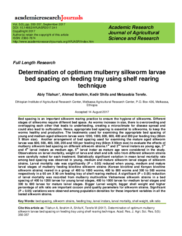 (PDF) Determination of Optimum Mulberry Silkworm Larvae Bed Spacing on ...