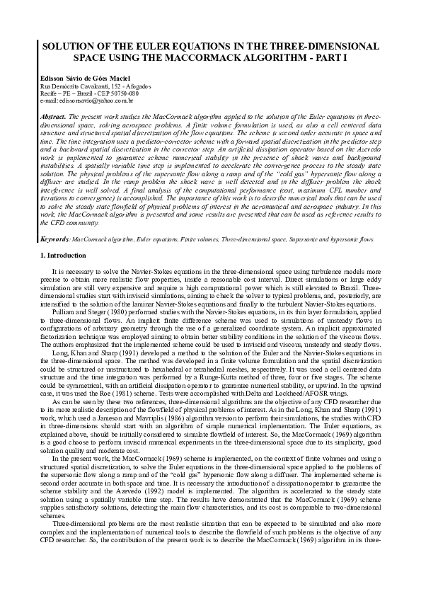 (PDF) Solution of the Euler Equations in the Three-Dimensional Space Using the Maccormack ...