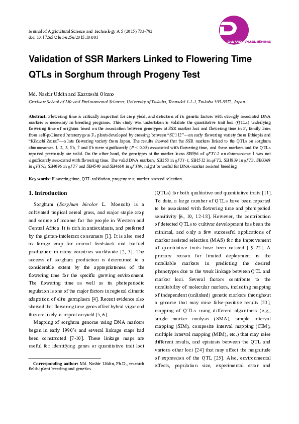 Pdf Validation Of Ssr Markers Linked To Flowering Time Qtls In