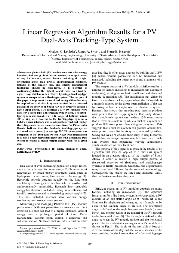 (PDF) Linear Regression Algorithm Results for a PV Dual-Axis Tracking ...