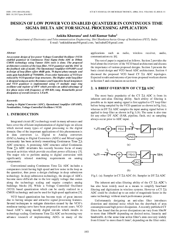 Pdf Design Of Low Power Vco Enabled Quantizer In Continuous Time Sigma Delta Adc For Signal