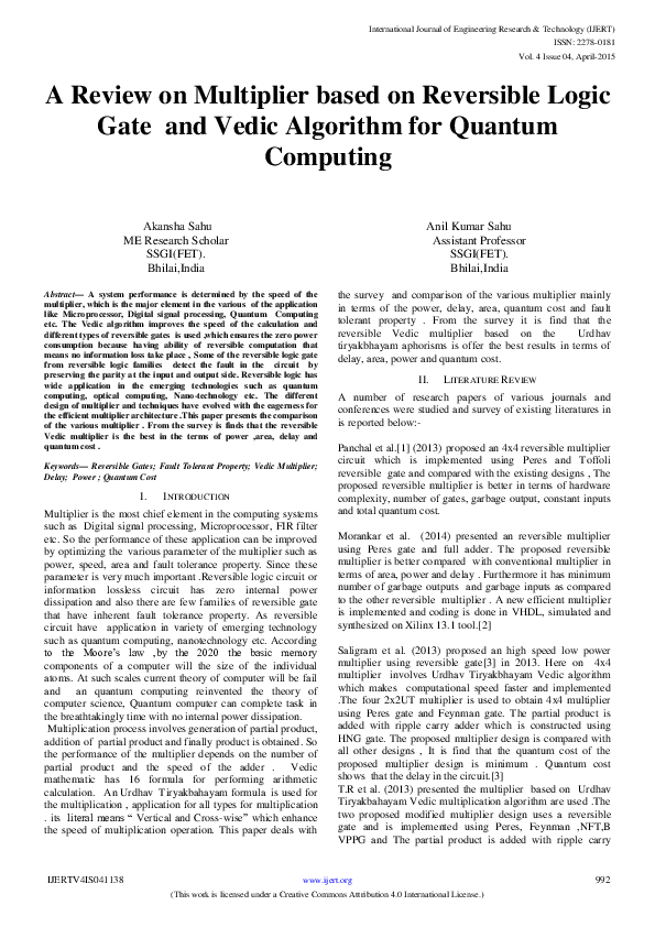 (PDF) A Review on Multiplier based on Reversible Logic Gate and Vedic Algorithm for Quantum ...