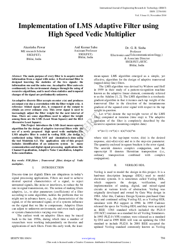 (PDF) Implementation of LMS Adaptive Filter using High Speed Vedic ... (PDF) Implementation of LMS Adaptive Filter using High Speed Vedic ...
