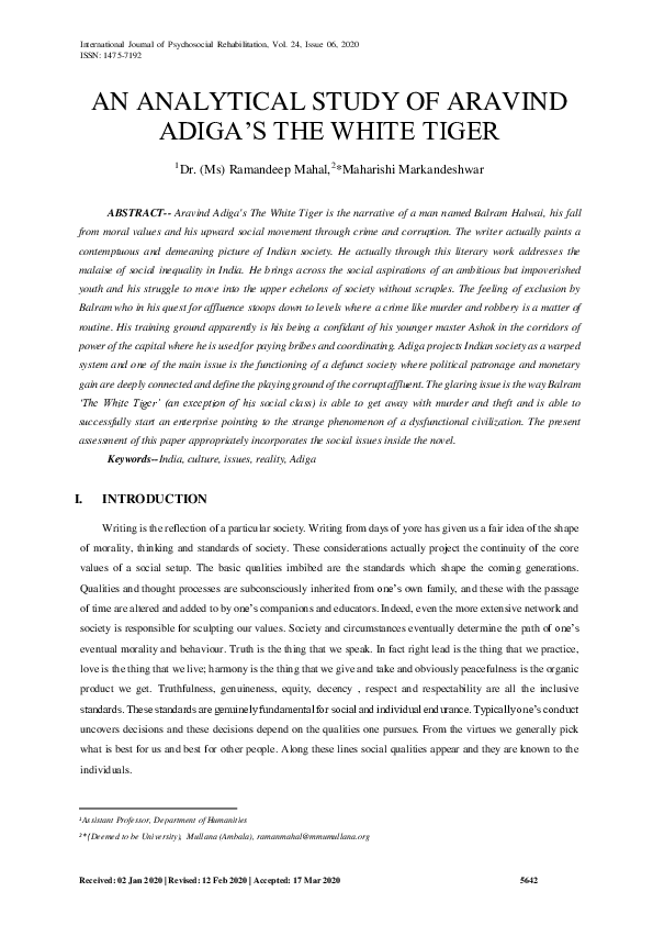 (PDF) AN ANALYTICAL STUDY OF ARAVIND ADIGA'S THE WHITE TIGER