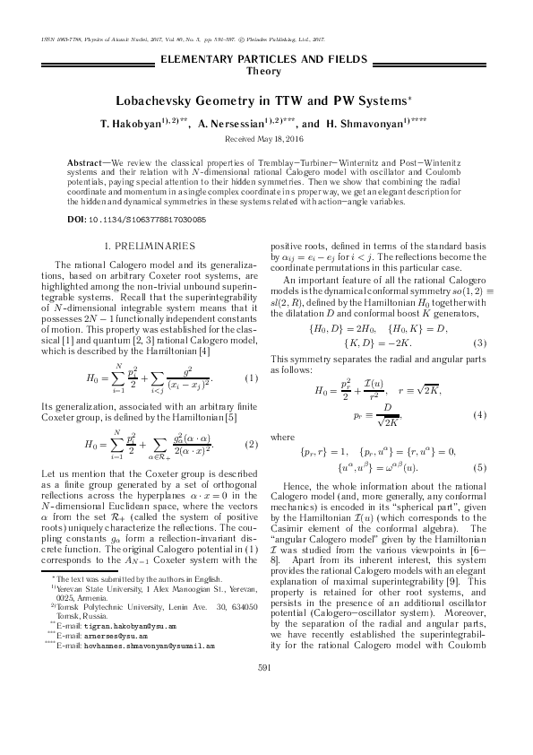 (PDF) ELEMENTARY PARTICLES AND FIELDS Theory Lobachevsky Geometry in TTW and PW Systems