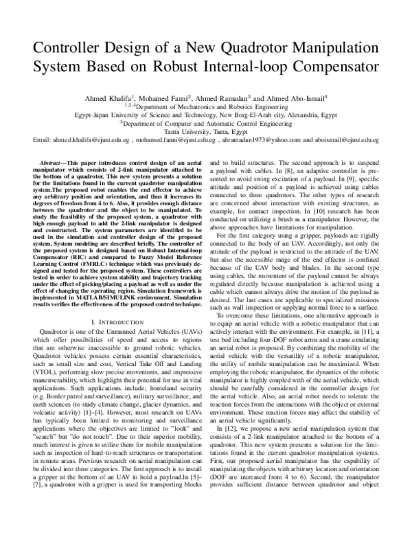 (PDF) Controller Design of a New Quadrotor Manipulation System Based on Robust Internal-Loop ...