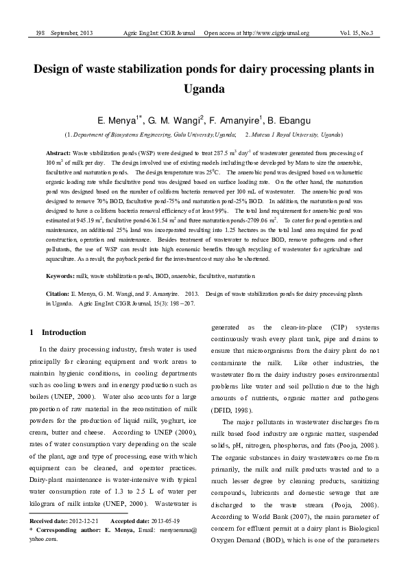 (PDF) Design of waste stabilization ponds for dairy processing plants ...