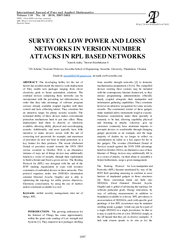 (PDF) Survey on Low Power and Lossy Networks in Version Number Attacks in RPL Based Networks
