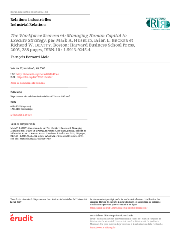 (PDF) The workforce scorecard: Managing human capital to execute strategy