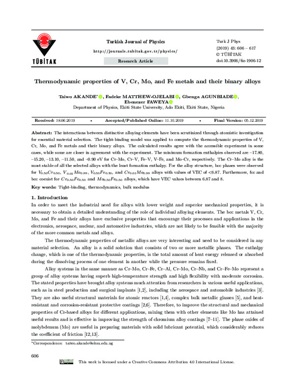 (PDF) Thermodynamic properties of V, Cr, Mo, and Fe metals and their binary alloys