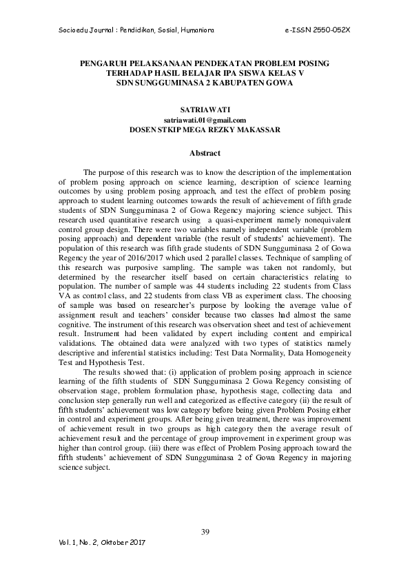 (PDF) PENGARUH PELAKSANAAN PENDEKATAN PROBLEM POSING TERHADAP HASIL BELAJAR IPA SISWA KELAS V ...