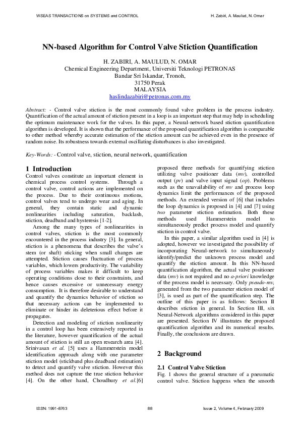 (PDF) NN-based algorithm for control valve stiction quantification