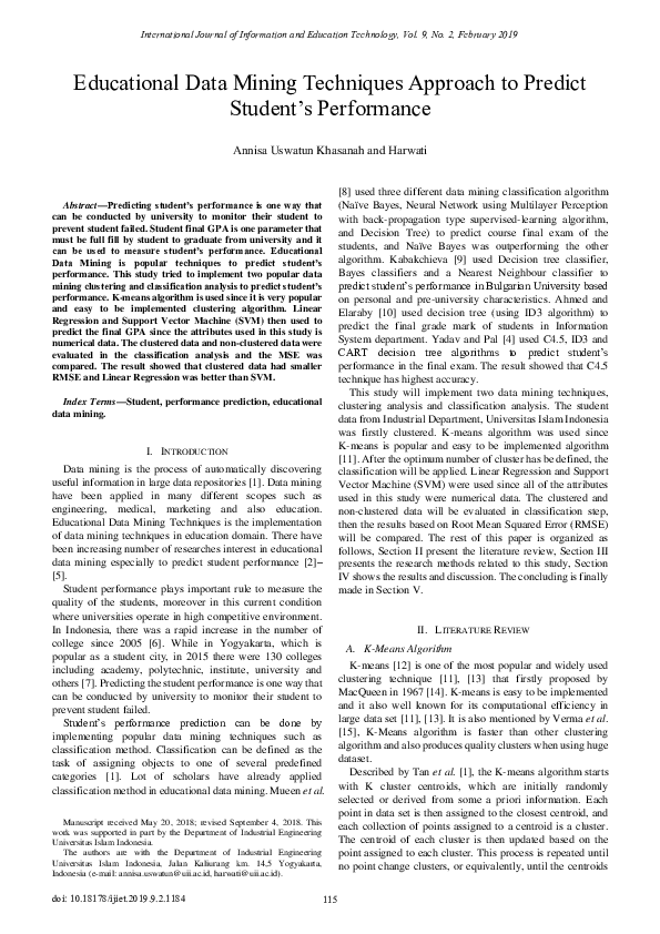 (PDF) Educational Data Mining Techniques Approach to Predict Student’s Performance