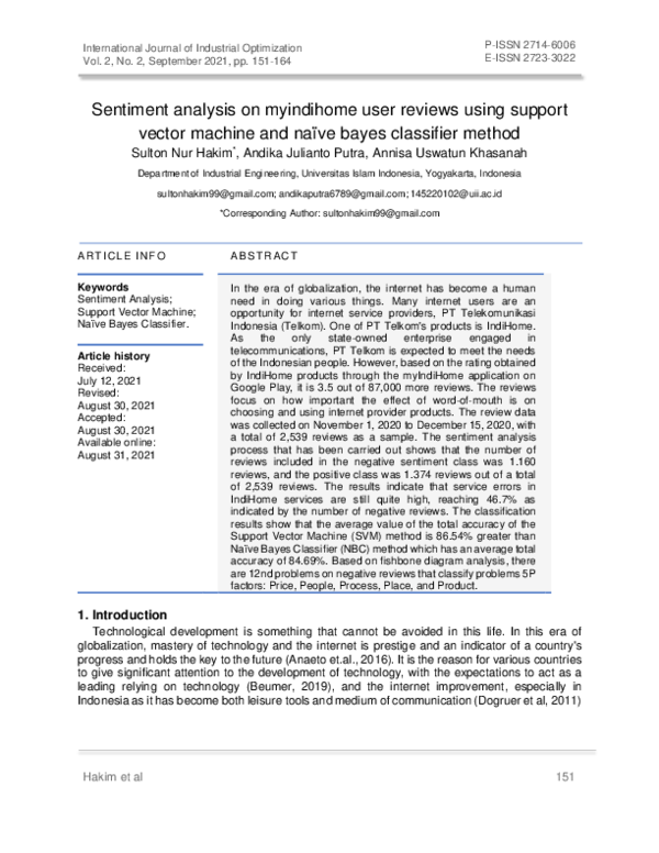 Pdf Sentiment Analysis On Myindihome User Reviews Using Support Vector Machine And Naïve Bayes