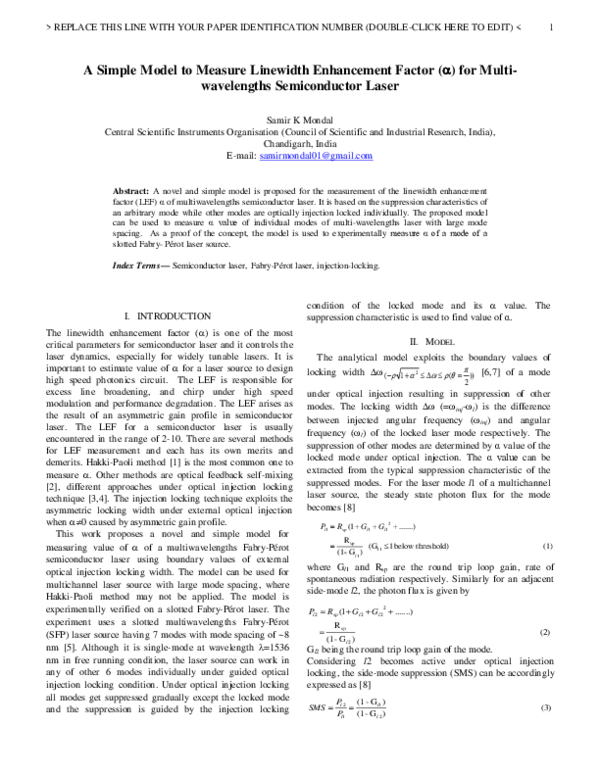 (PDF) A Simple Model to Measure Linewidth Enhancement Factor (\alpha ...