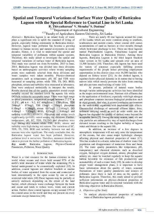 Pdf Spatial And Temporal Variations Of Surface Water Quality Of Batticaloa Lagoon With The
