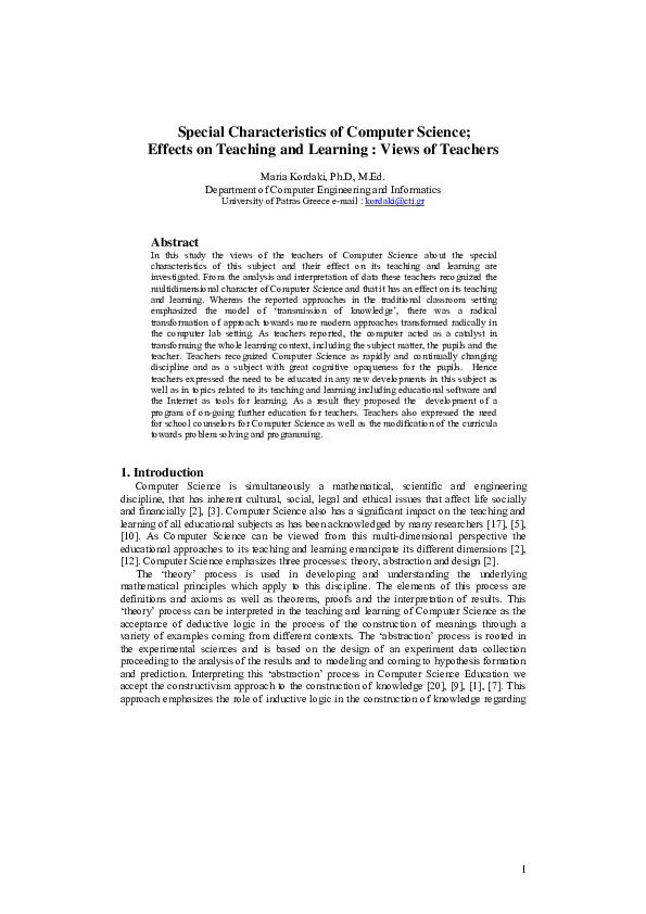 (PDF) Special Characteristics of Computer Science ; Effects on Teaching ...