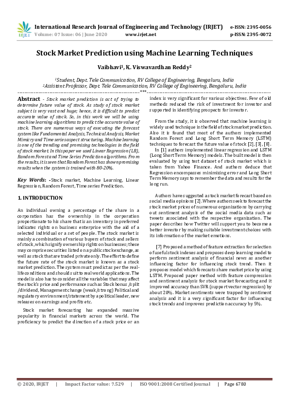 (PDF) Stock Market Prediction using Machine Learning Techniques