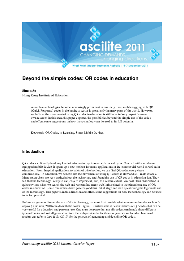 (PDF) Beyond the simple codes: QR codes in education | Simon So ...
