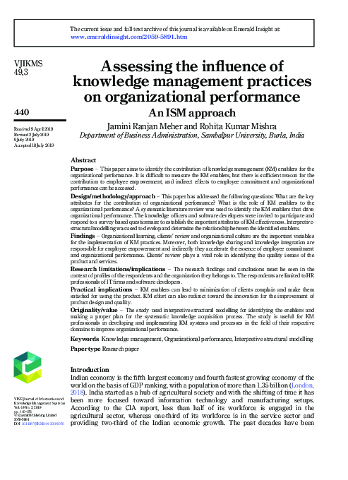 (PDF) Assessing the influence of knowledge management practices on organizational performance ...