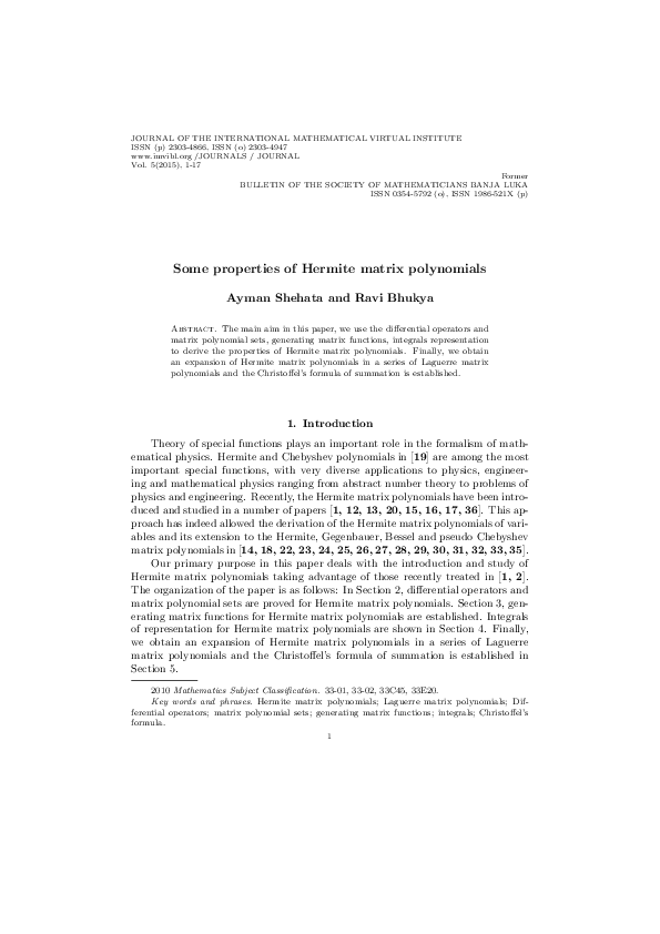 (PDF) Some properties of Hermite matrix polynomials