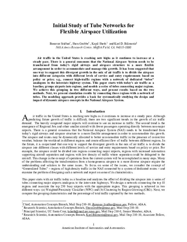 (PDF) Initial Study of Tube Networks for Flexible Airspace Utilization | Banavar Sridhar ...