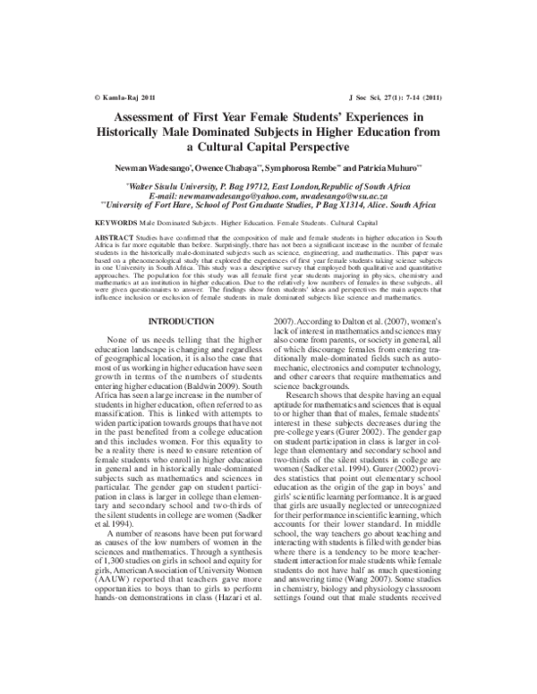 (PDF) Assessment of First Year Female Students’ Experiences in ...