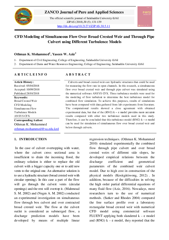 (PDF) CFD Modeling of Simultaneous Flow Over Broad Crested Weir and Through Pipe Culvert using ...