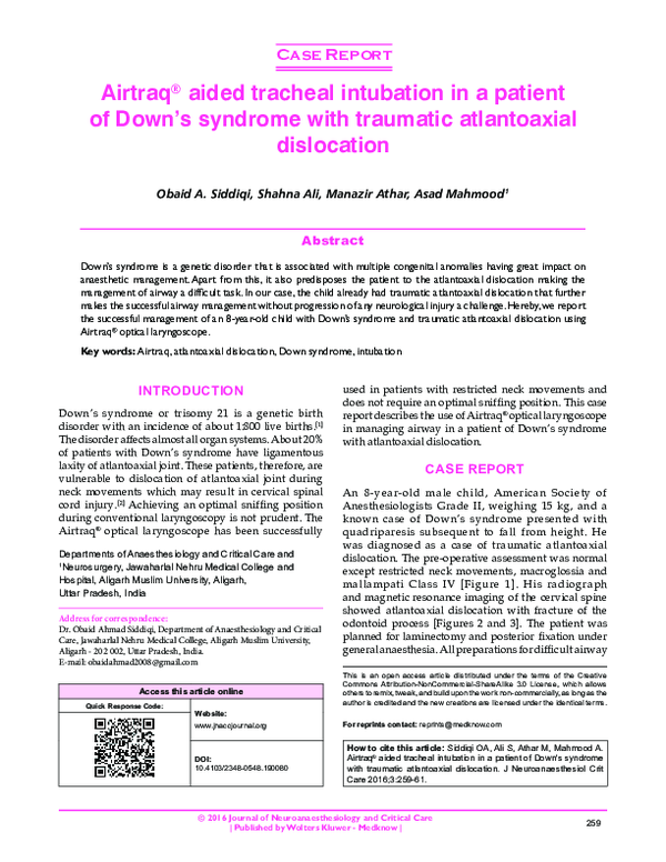 (PDF) Airtraq®aided tracheal intubation in a patient of Down′s syndrome ...