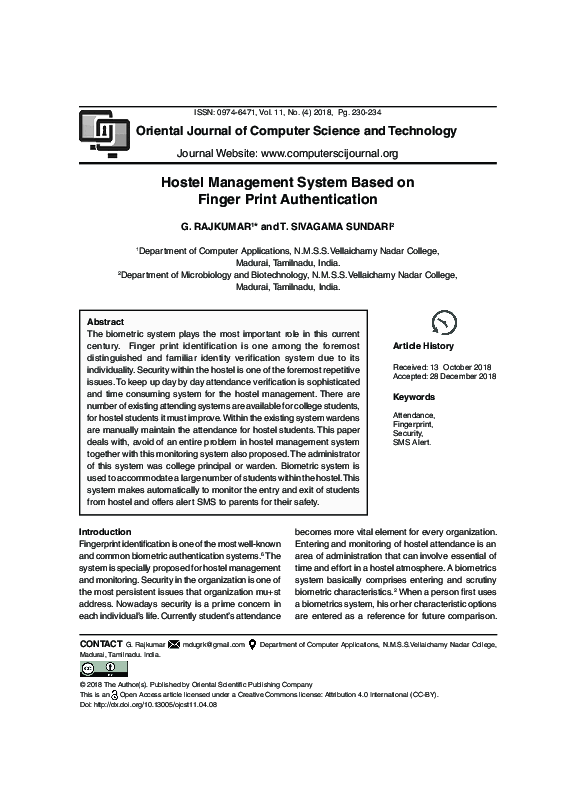 (PDF) Hostel Management System Based on Finger Print Authentication