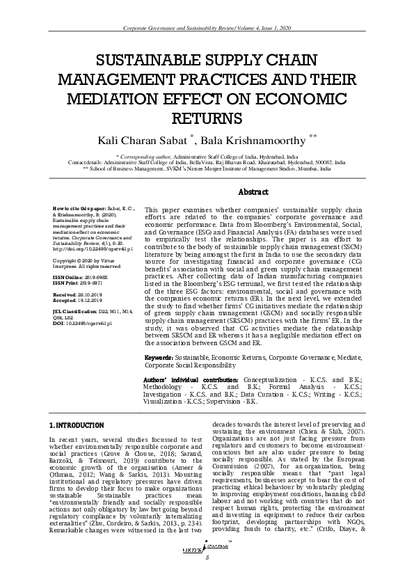 (PDF) Sustainable supply chain management practices and their mediation effect on economic returns