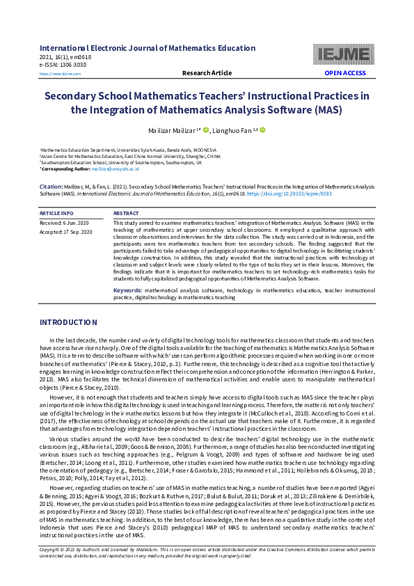 (PDF) Secondary School Mathematics Teachers’ Instructional Practices in ...