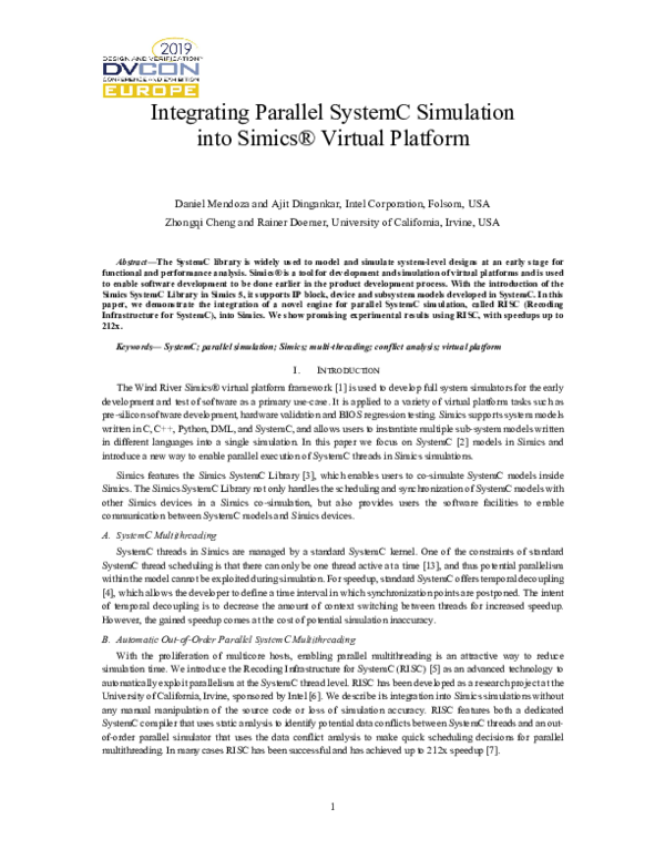 Pdf Integrating Parallel Systemc Simulation Into Simics® Virtual Platform